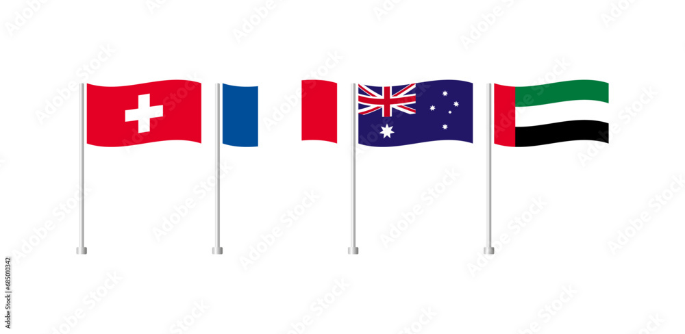 National flags of countries. Flags of Switzerland, France, Australia ...