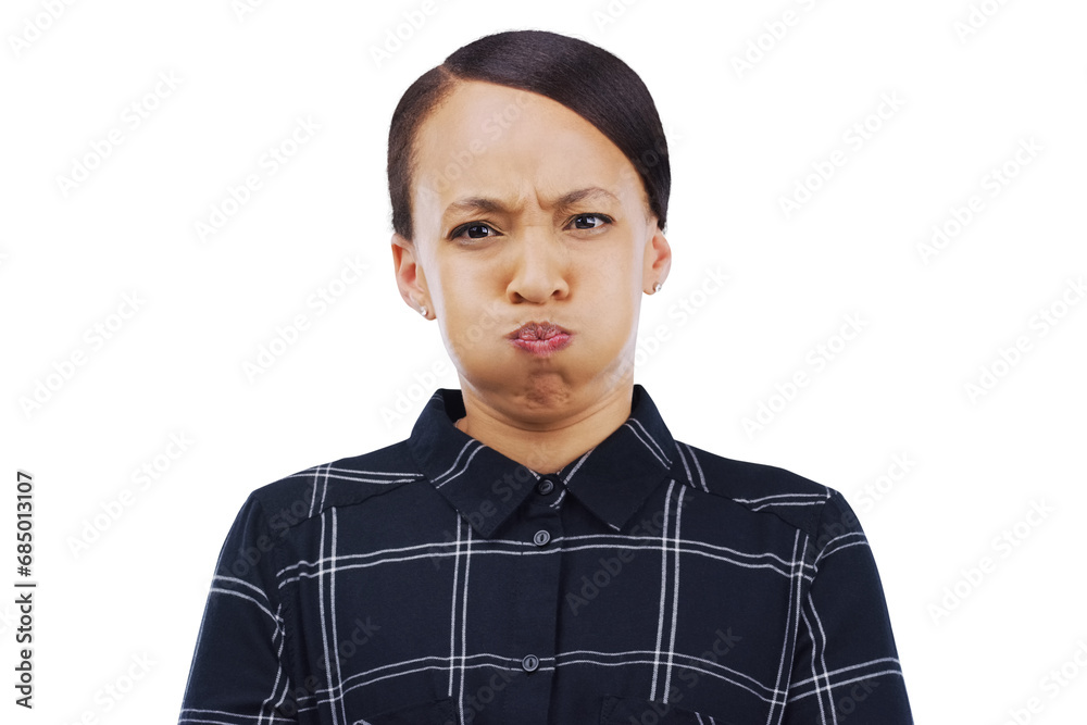 Portrait, frown and woman with hold breath for stink or bad smell ...