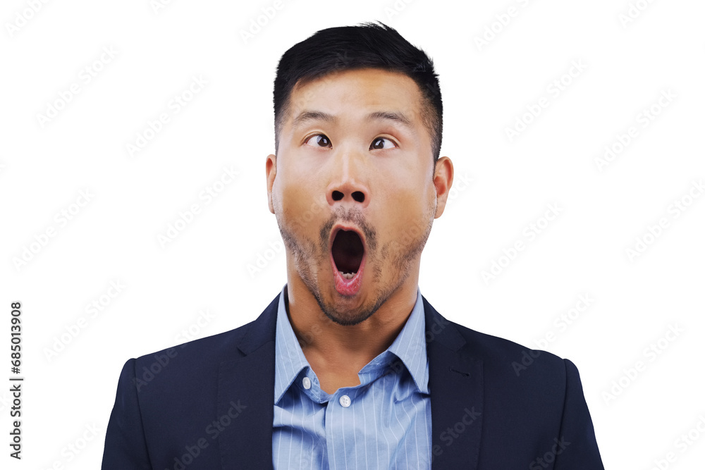 Funny, face and asian man with cross eyes on isolated, transparent or ...