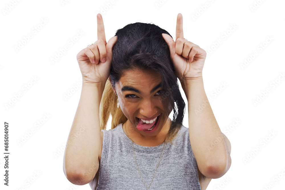 Funny, portrait and crazy woman with loser, hands or tongue out ...