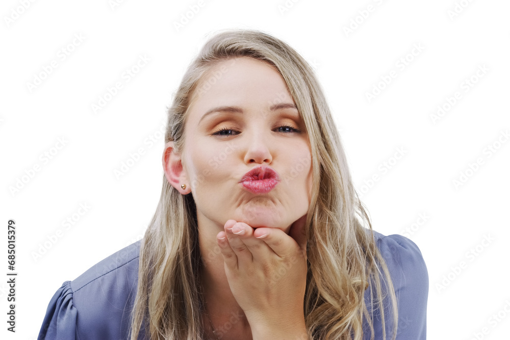 Portrait, hands and woman with air kiss on isolated, transparent or png ...