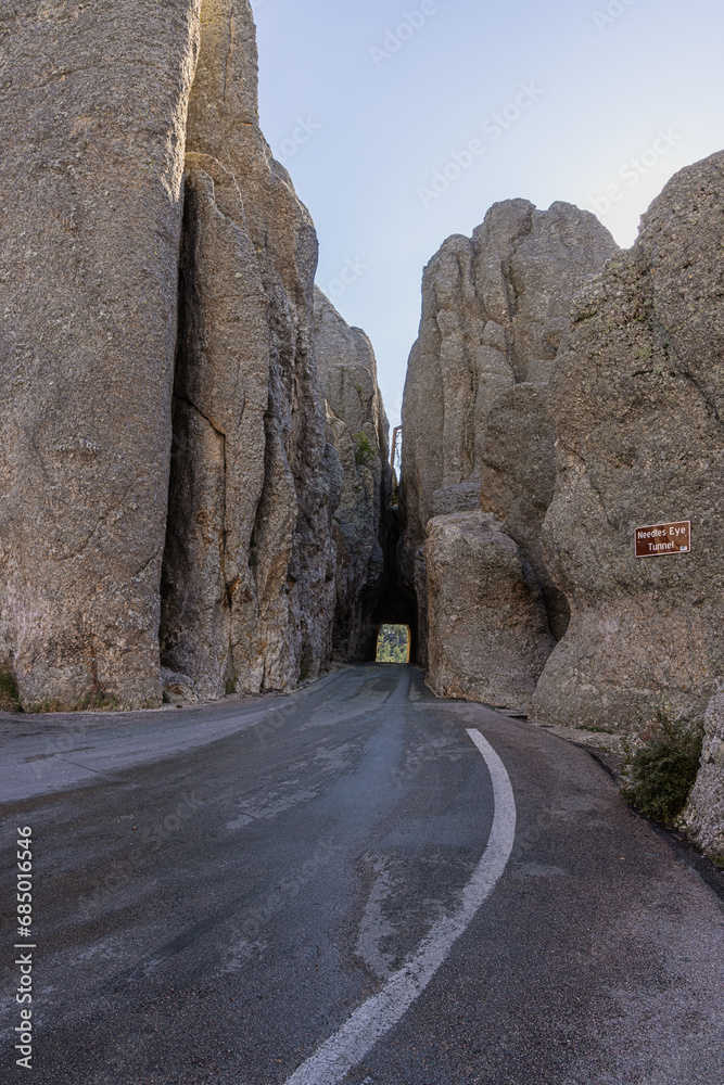 The turn into the Needles Eye Tunnel on the Needles Highway in the ...