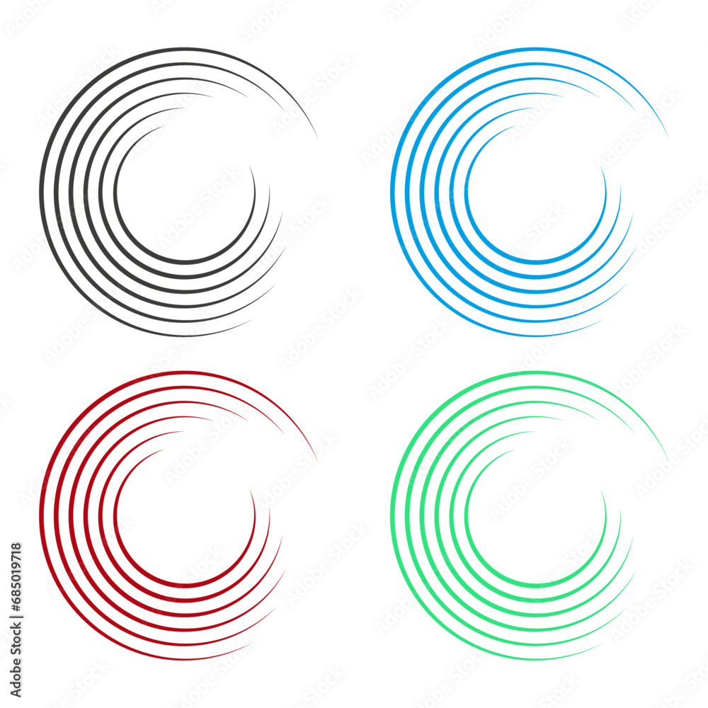 Set of lines color red, green, blue in cirle form. Radial speed lines ...