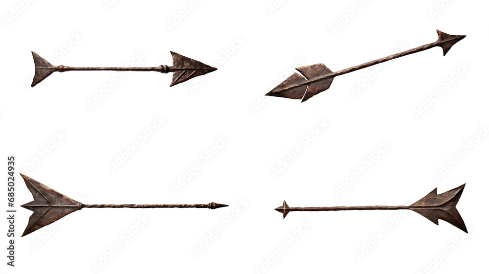 Set of four wrought iron arrows, pirate weapons isolated on transparent ...