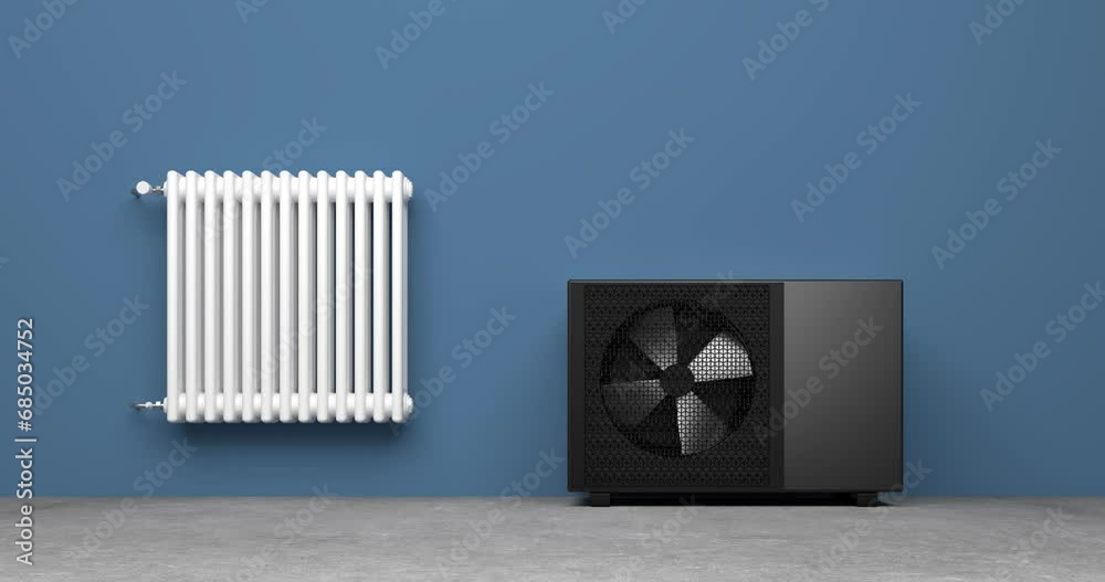 rotating fan of a heat pump energy with radiator as a heater and ...
