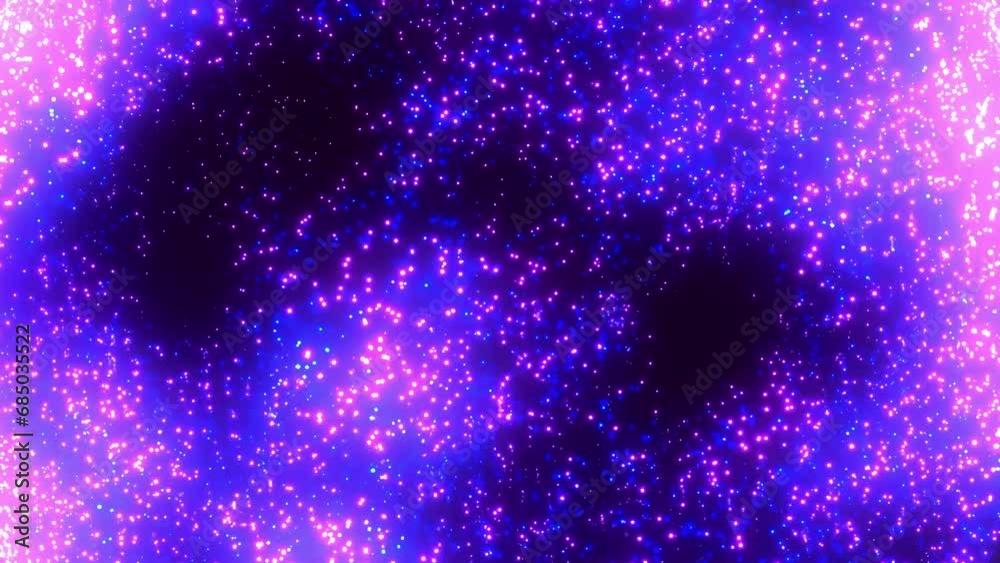 Vortex flow of vibrant magenta pink and blue glowing particles on dark ...