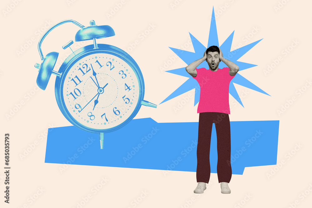 Cartoon comics sketch collage picture of funky impressed guy waking up ...