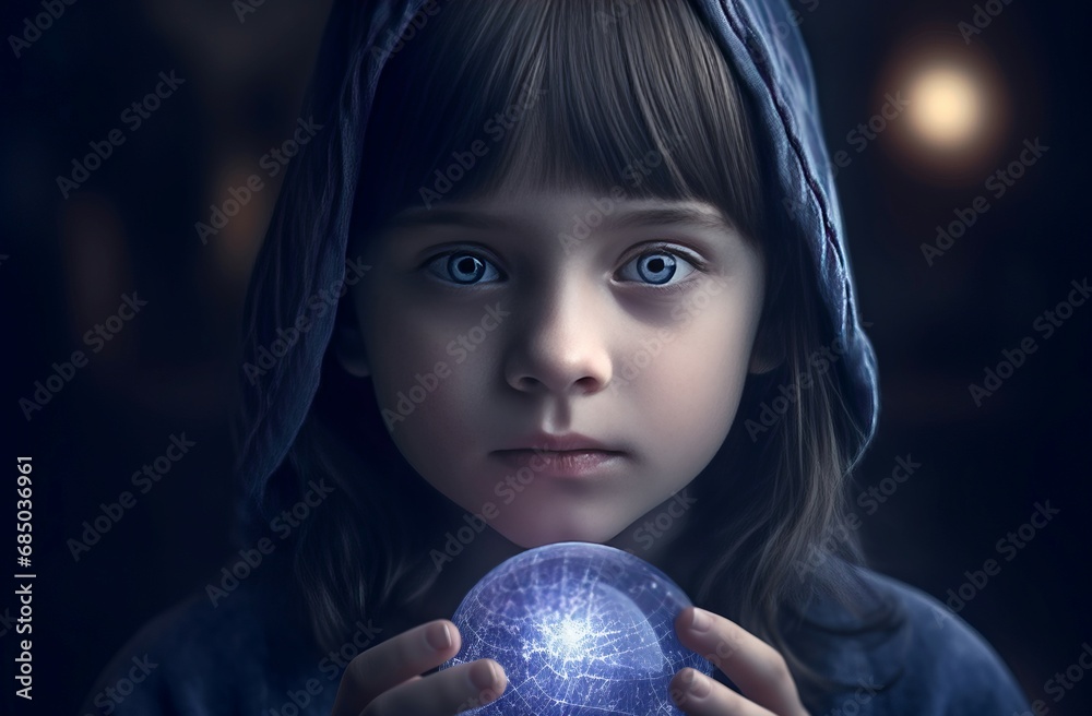 Little girl fortune teller with magic ball. Mystery wizard divine ...