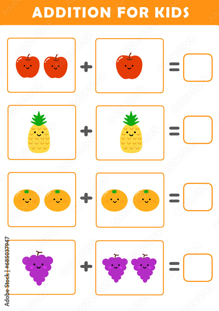 Preschool addition worksheet with cute fruit illustration. Math ...