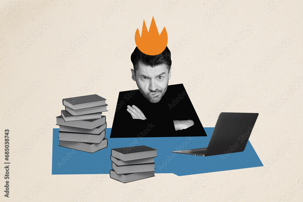 Artwork collage picture of angry furious guy brainstorming burning mind ...