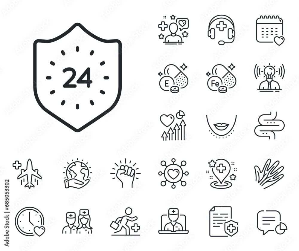 Shield sign. Online doctor, patient and medicine outline icons. 24 ...
