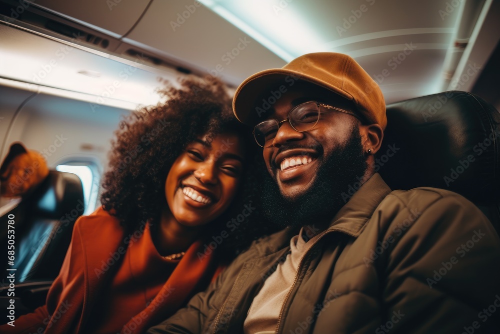 Happy african american couple traveling by airplane. Traveling together ...