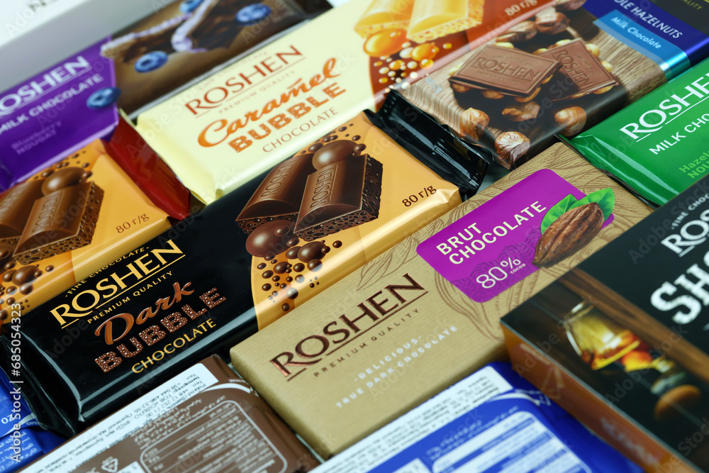 KHARKIV, UKRAINE - JANUARY 2, 2021 Roshen chocolate production. Roshen Confectionery Corporation ...