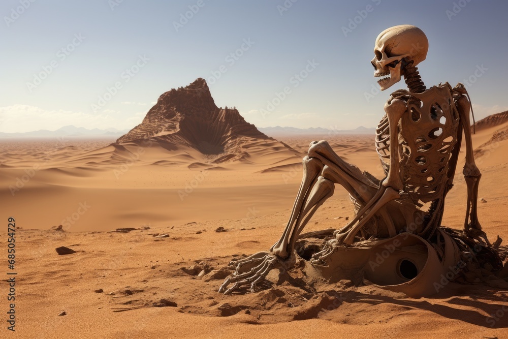 3D rendering of a skeleton sitting in the Sahara desert, Morocco, A ...