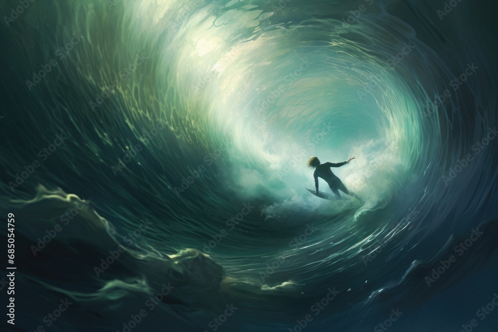 Surfer in ocean with big wave. 3d render illustration, A surfer man ...
