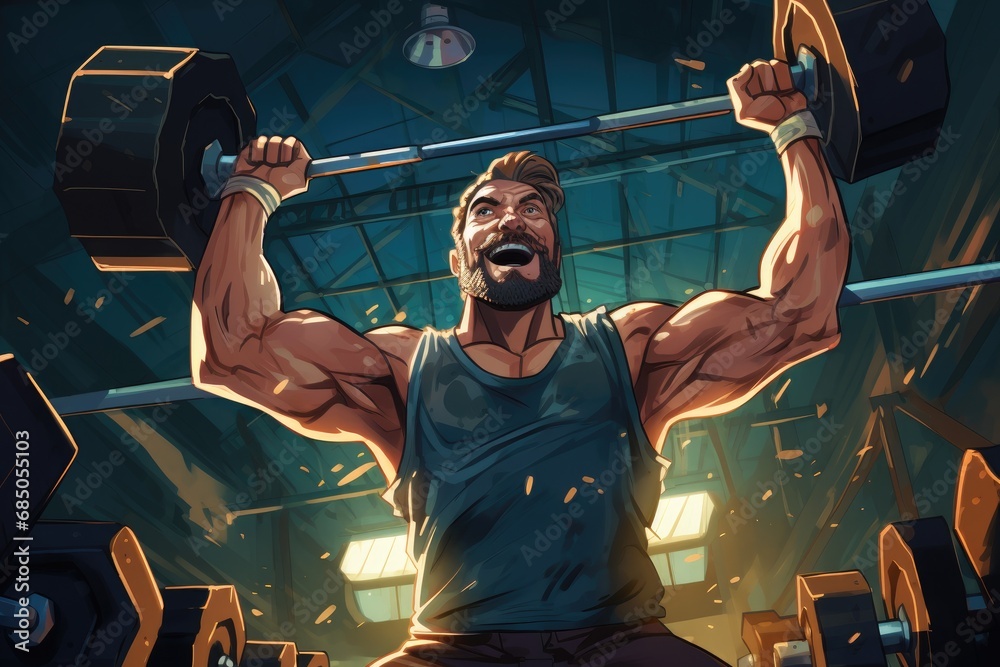 Muscular man lifting weights in the gym. 3d illustration, A strong man ...