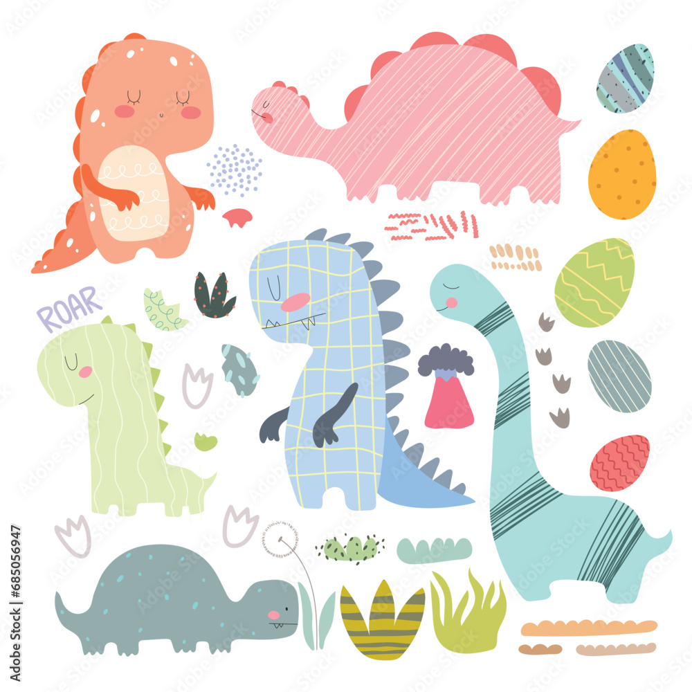 Dino friends. Funny cartoon dinosaurs, plants, and eggs. Cute t rex ...