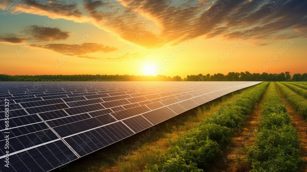 Aerial view of a solar farm with rows of solar panels generating clean ...