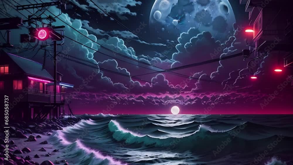 Futuristic seascape animation, night panorama with a big planet on the ...