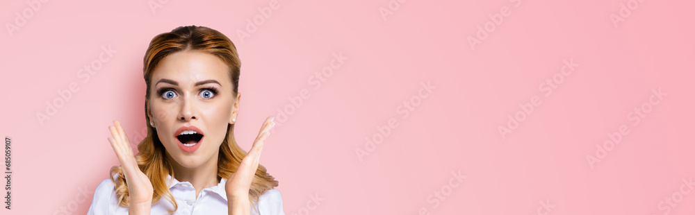 Wow. Face portrait excited surprised, shocked happy business woman wide ...