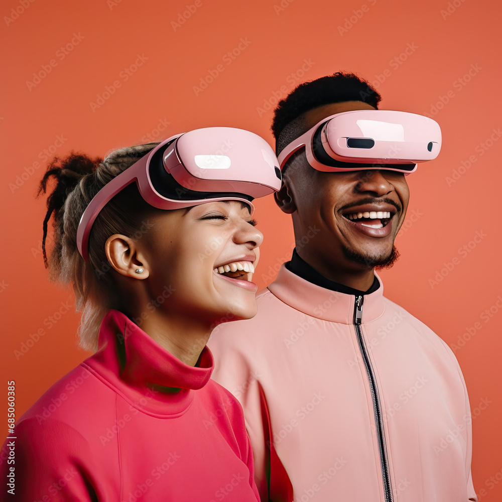 Couple laughing while wearing extended reality headsets in a studio ...