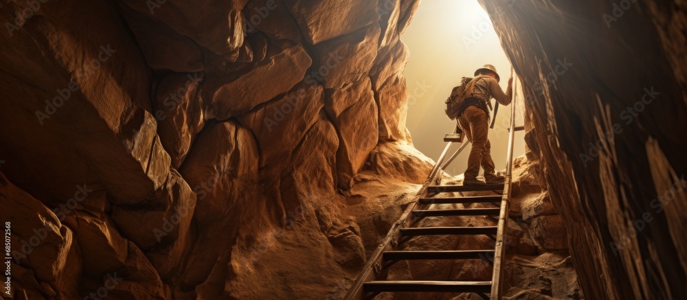 Individual descending ladder into underground mine shaft No trespassing ...