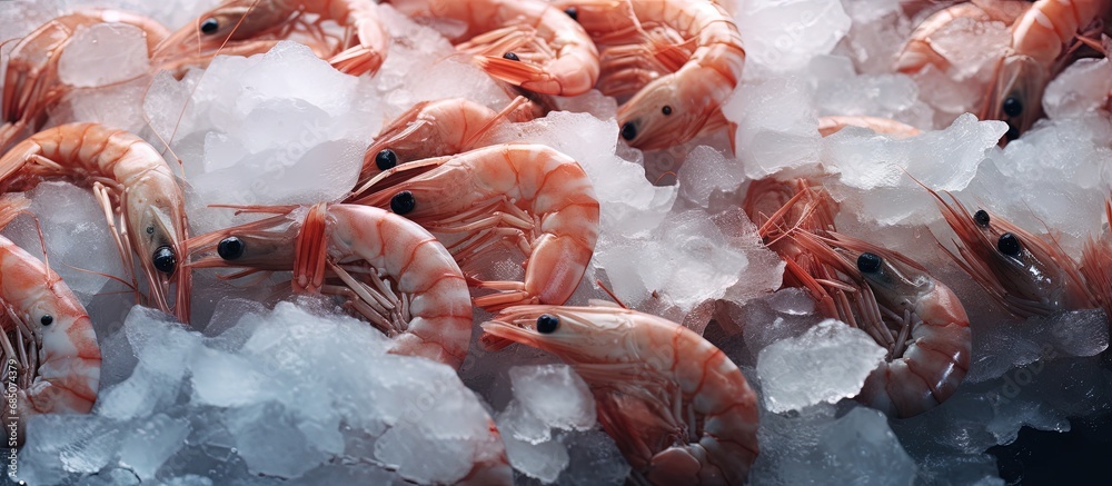 Frozen farmed shrimp or prawns stacked in a factory copy space image ...