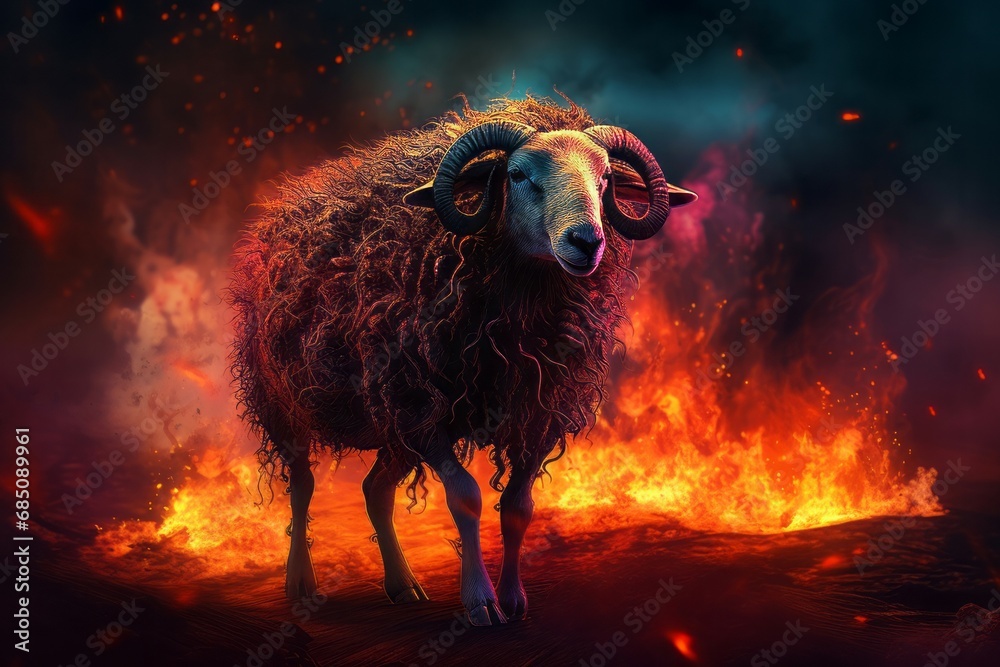 Nightmare ram burning in fire flames. Demonic creepy inferno sheep with ...