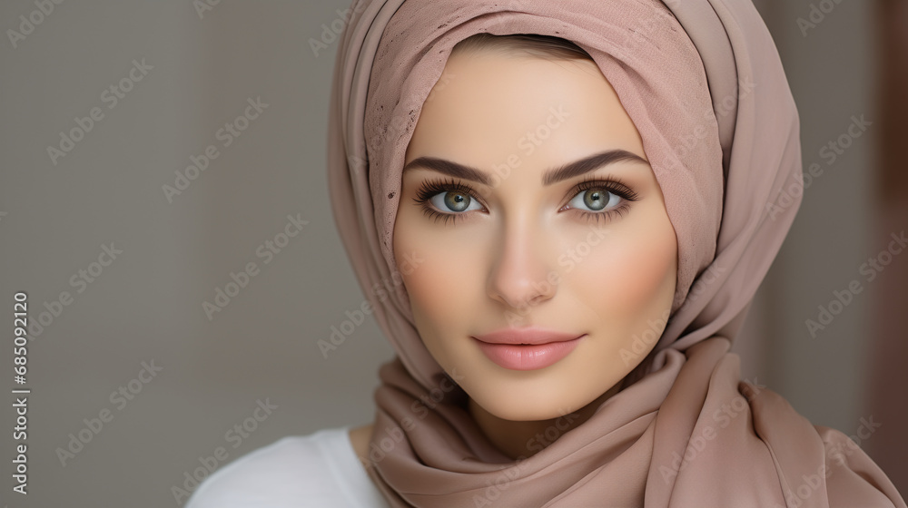 Beautiful portrait of turkish woman with hijab, cosmetics and glow on ...