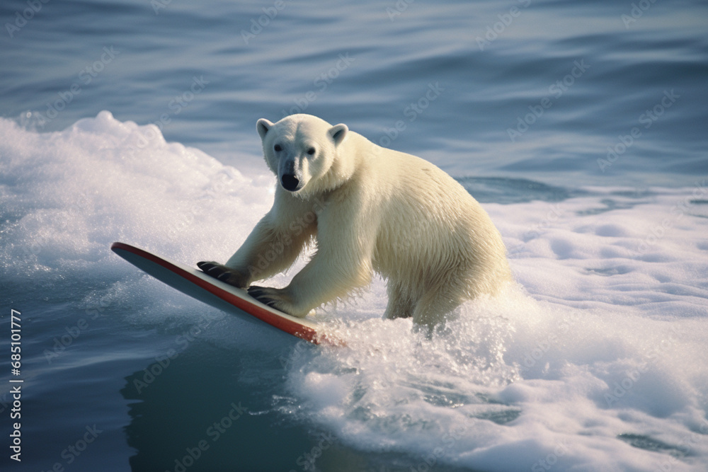 A polar bear surfing on melting ice: This image symbolizes the ...