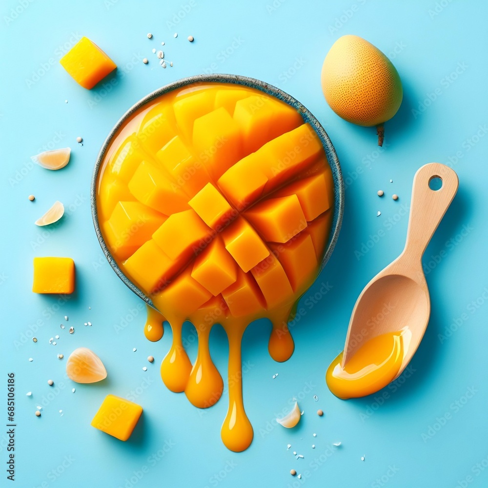 Fresh ripe mango, slice and mango juice splash waves with blue ...