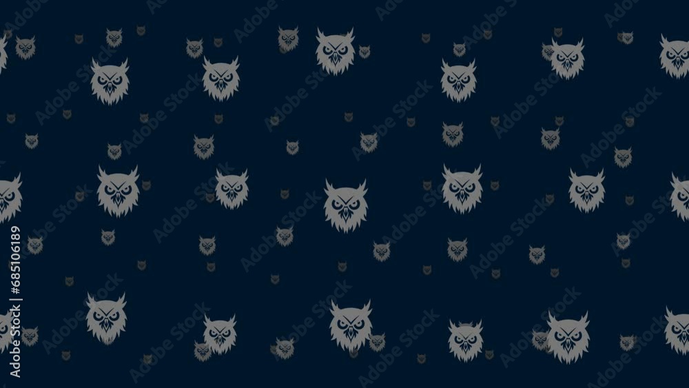 Owl head symbols float horizontally from left to right. Parallax fly ...