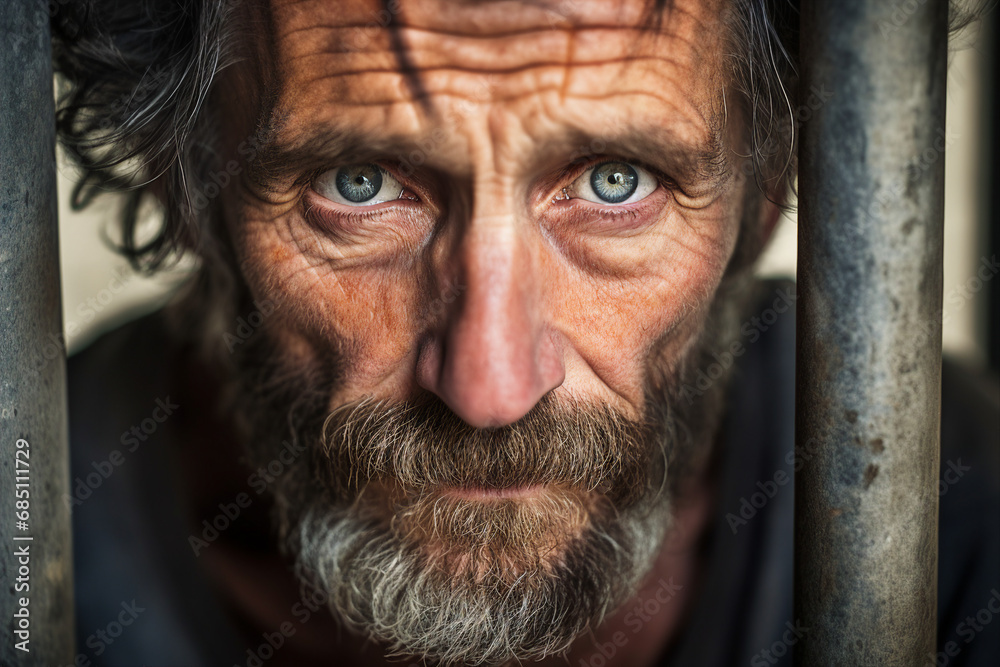 Guilty criminal person standing behind prison cage bars Generative AI ...