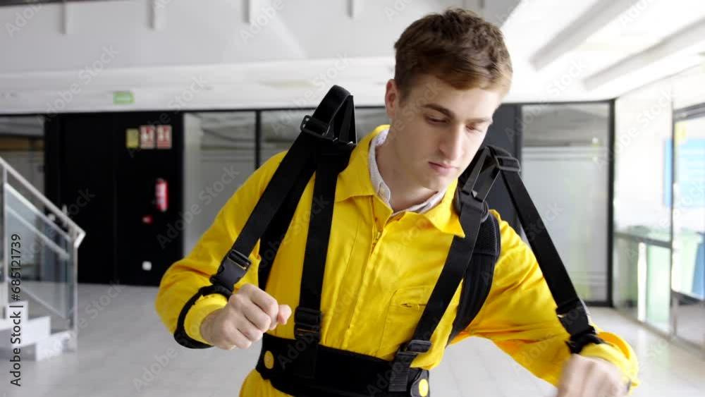 Young engineer trying simple exoskeleton for ergonomic purpose. Man ...