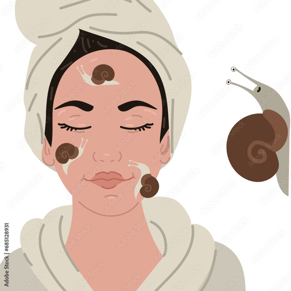 Portrait of a woman with snails on her face. SPA treatments with snail ...