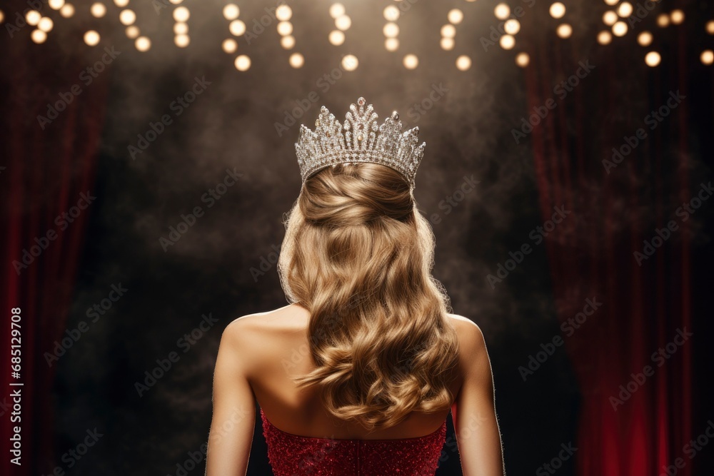Beauty queen on the stage of a beauty pageant wearing a crown. Beauty ...