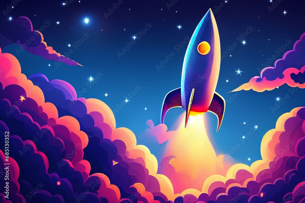 the rocket is flying. drawing of a rocket, colorful clouds and starry ...