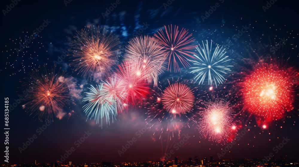 Magnificent fireworks in night sky over city skyline for new year Stock ...