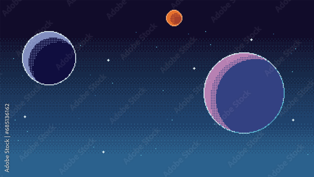 Pixel art space background. Planets and stars in retro 8 bit video game ...