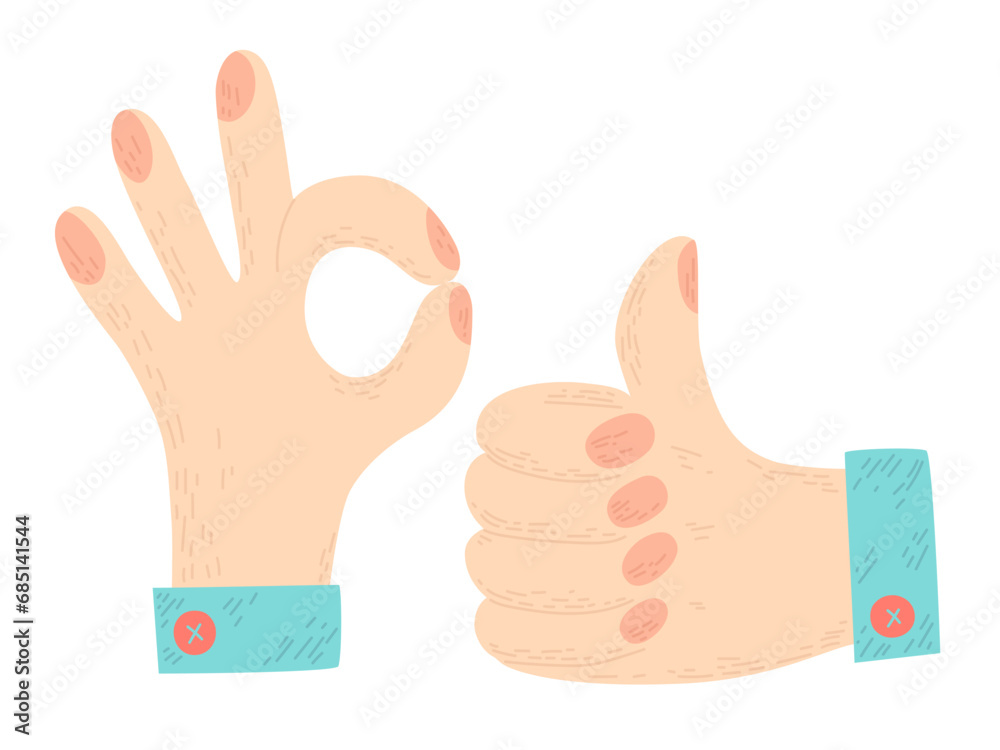 Vector illustration of hands show okey and thumb up. Cartoon signs of ...