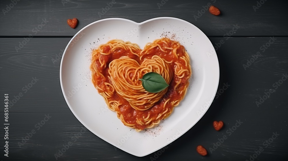 Heart-shaped plate with pasta spaghetti and tomato sauce, a symbol of ...