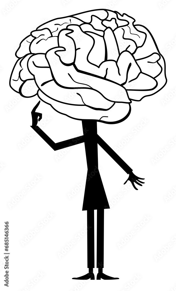 Thinking man with brain instead head. Wise person with big brain ...