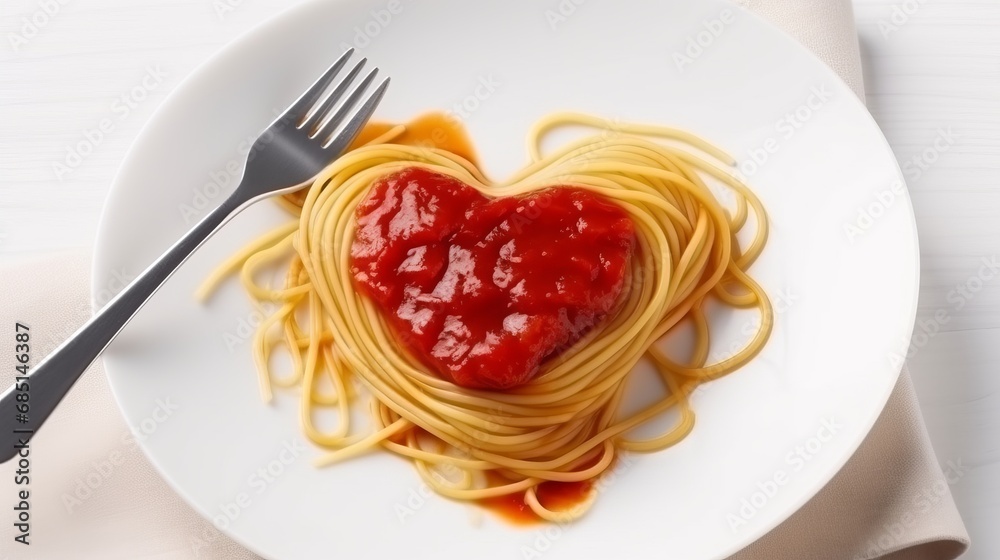 Heart-shaped plate with pasta spaghetti and tomato sauce, a symbol of ...