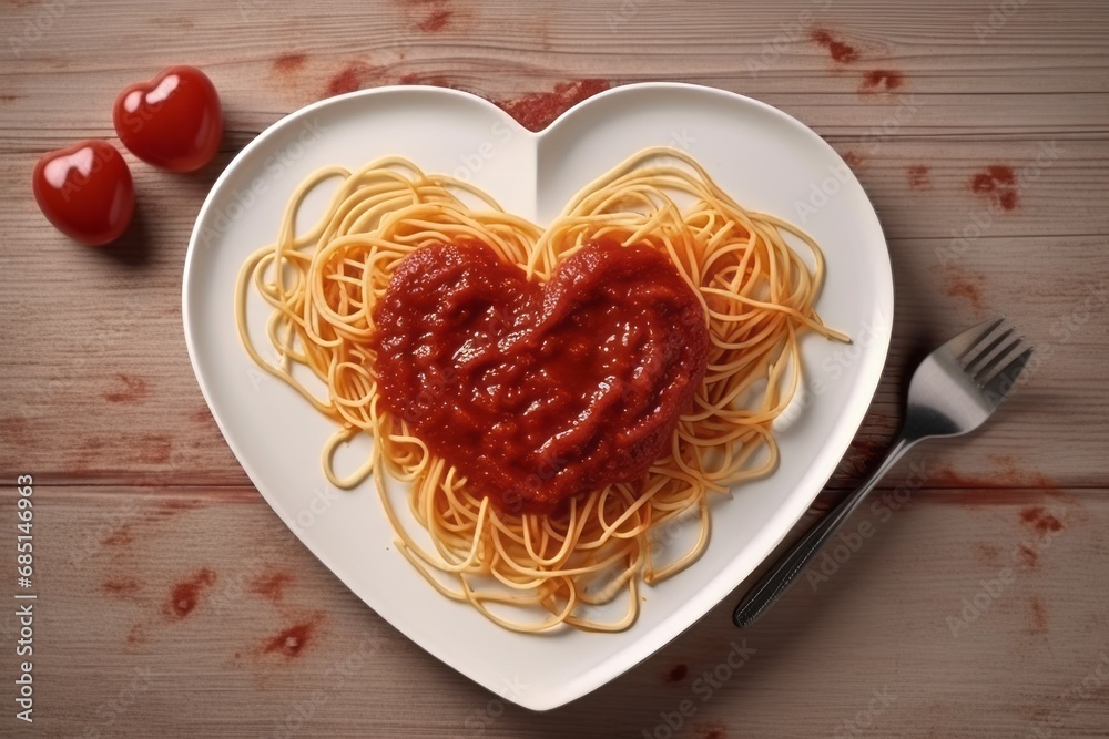 Heart-shaped plate with pasta spaghetti and tomato sauce, a symbol of ...