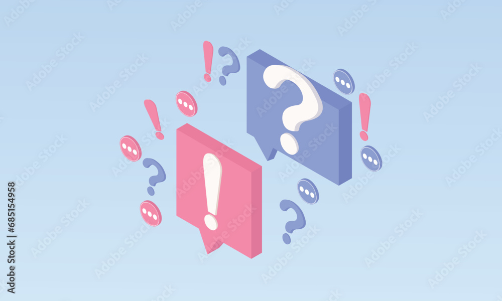 3d minimal QA Speech bubble with question and exclamation mark icon. Talk message box with ...