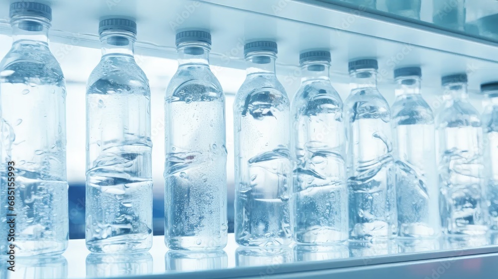 rows of transparent water bottles in a white refrigerator. Highlight ...