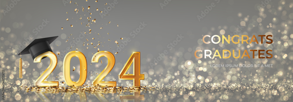 Banner for design of graduation 2024. Golden numbers with graduation ...