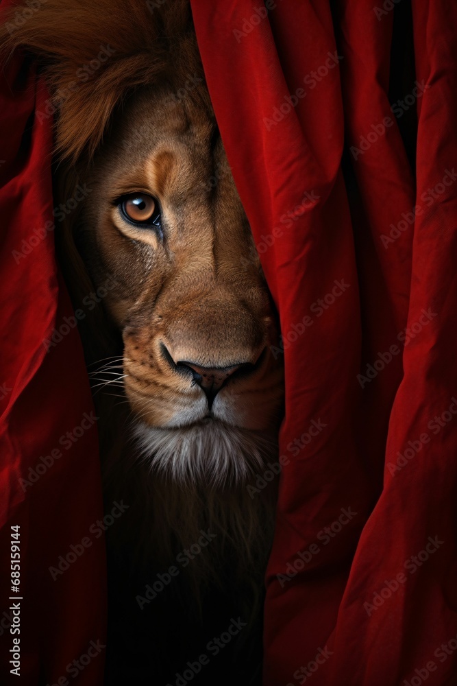 AI generated illustration of A close-up of a lion's face peeking out ...