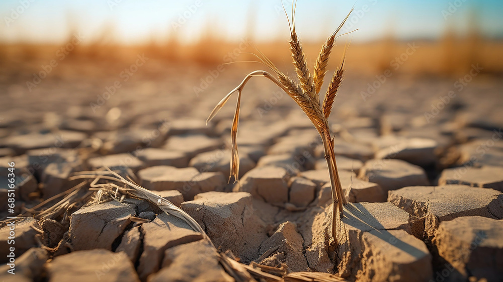 Desert dry land, cloudy blue sky over dried out, cracked nature ...