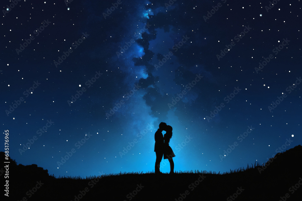 2D silhouette of a couple sharing a kiss against a starry night Stock ...
